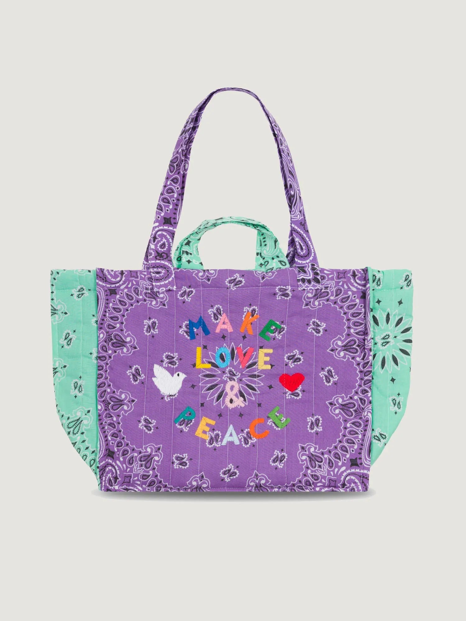 Quilted Medium Cabas Tote - MAKE LOVE & PEACE - Lilas / Mint
